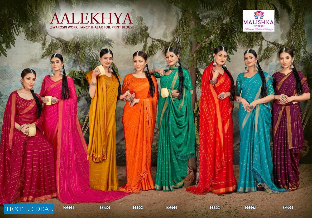 Malishka Aalekhya Wholesale Swaroski Work Jhalar Foil Print Sarees ...